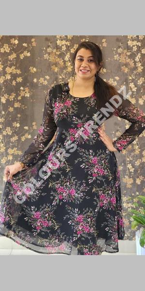 22-03-Georgette Trendy Full Sleeve Frock Kurti(Flower)-Black N Magantha-22-03-003 – Colours Trendz